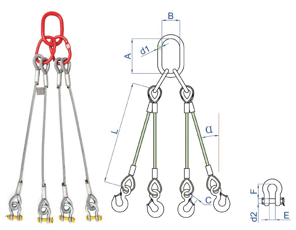48mm 4-Way Galvanized Steel Wire Rope Lifting Sling Heavy-Duty Lift Sling